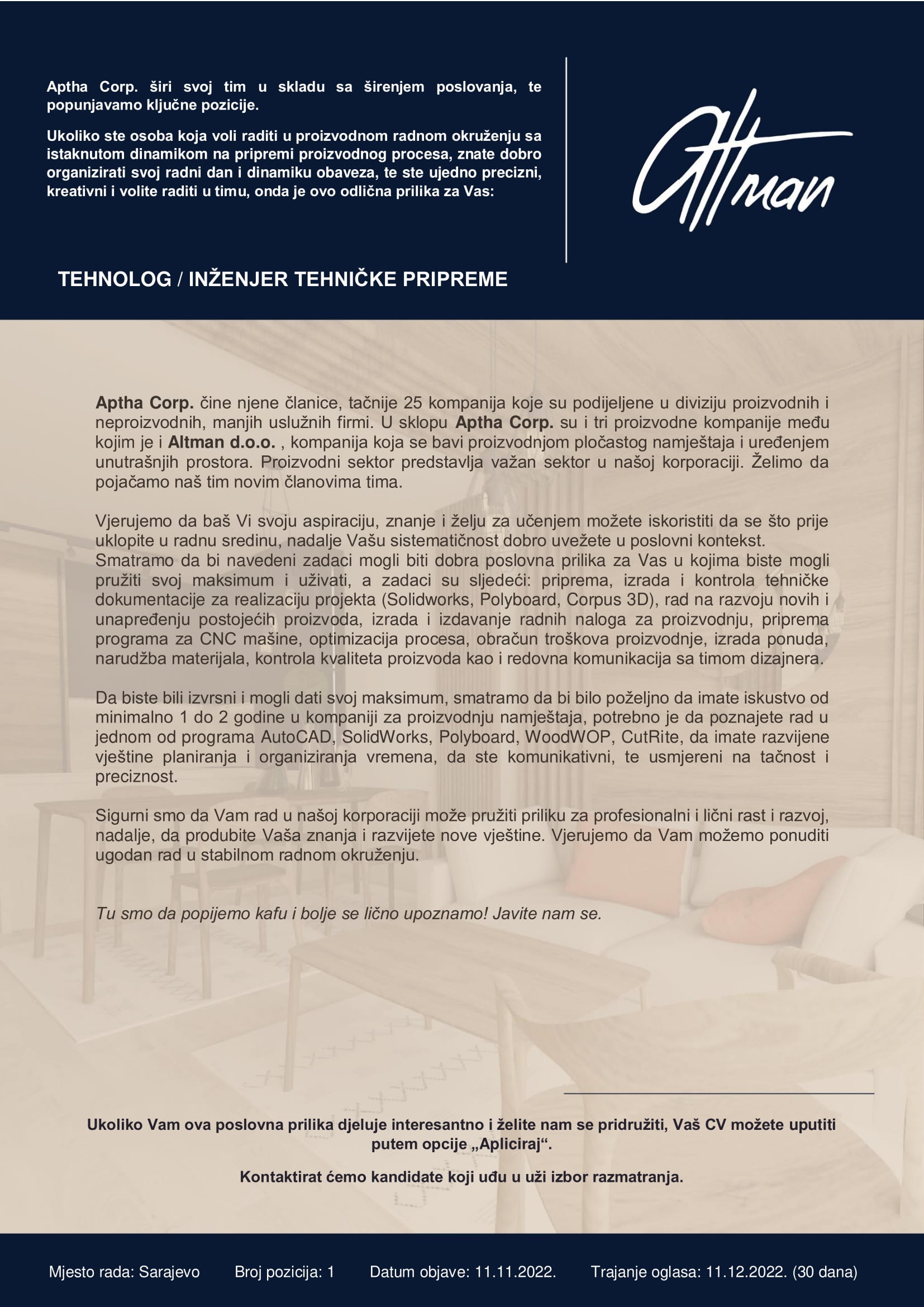 Tehnolog / Inženjer tehničke pripreme (m/ž) | Aptha Corp d.o.o ...