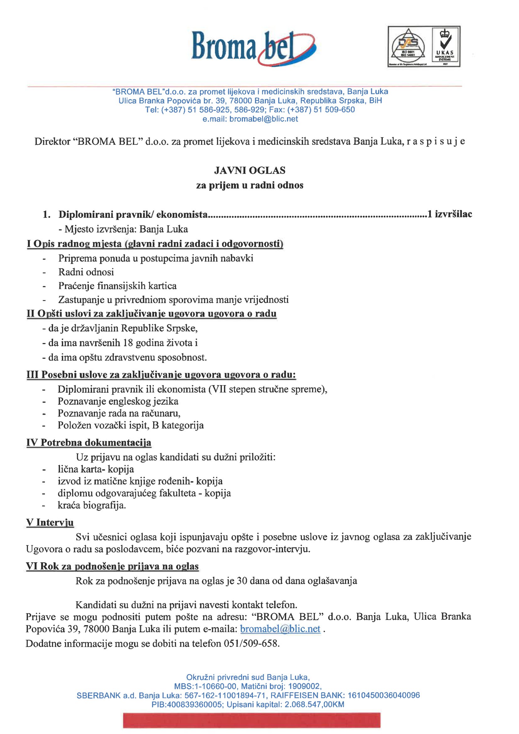 Diplomirani pravnik - ekonomista (m/ž) | BROMA BEL d.o.o. | Banja Luka ...